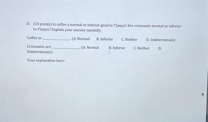 Question 1 (60 Points): Tianyu's Breakfast Tianyu has | Chegg.com Question 1 (60 Points): Tianyu's Breakfast Tianyu has | Chegg.com