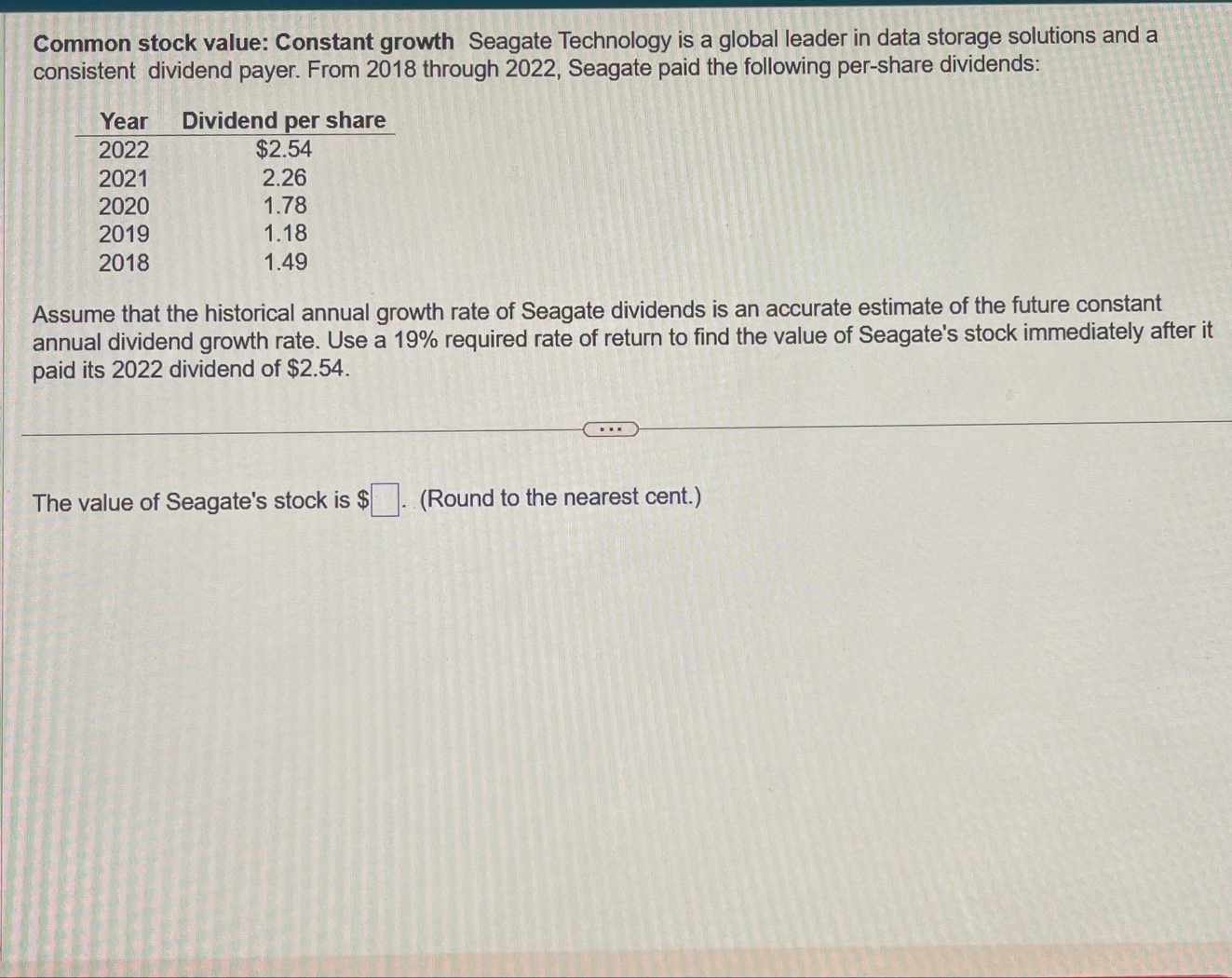 Common stock value: Constant growth Seagate | Chegg.com