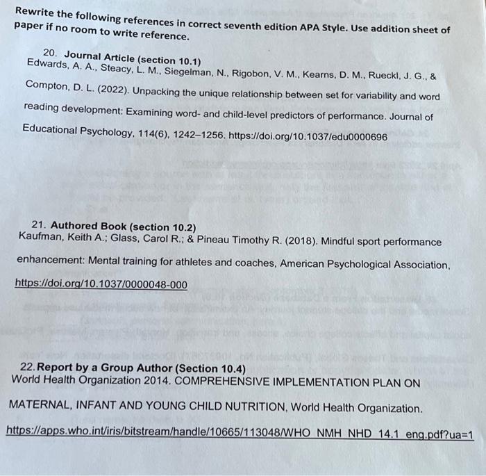 Rewrite the following references in correct seventh | Chegg.com