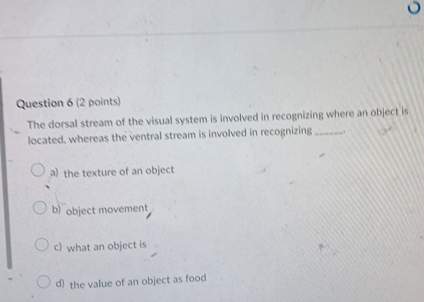 Solved Question 6 (2 ﻿points)The dorsal stream of the visual | Chegg.com