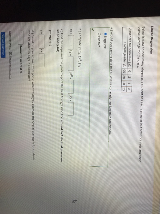 Solved Linear regression Below is data on how many absences | Chegg.com
