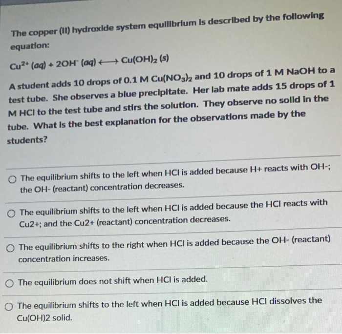 Solved The copper (11) hydroxide system equilibrium is | Chegg.com
