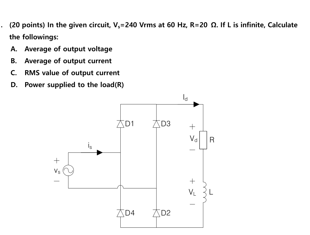 Solved (20 ﻿points) ﻿In the given circuit, Vs=240 ﻿Vrms at | Chegg.com