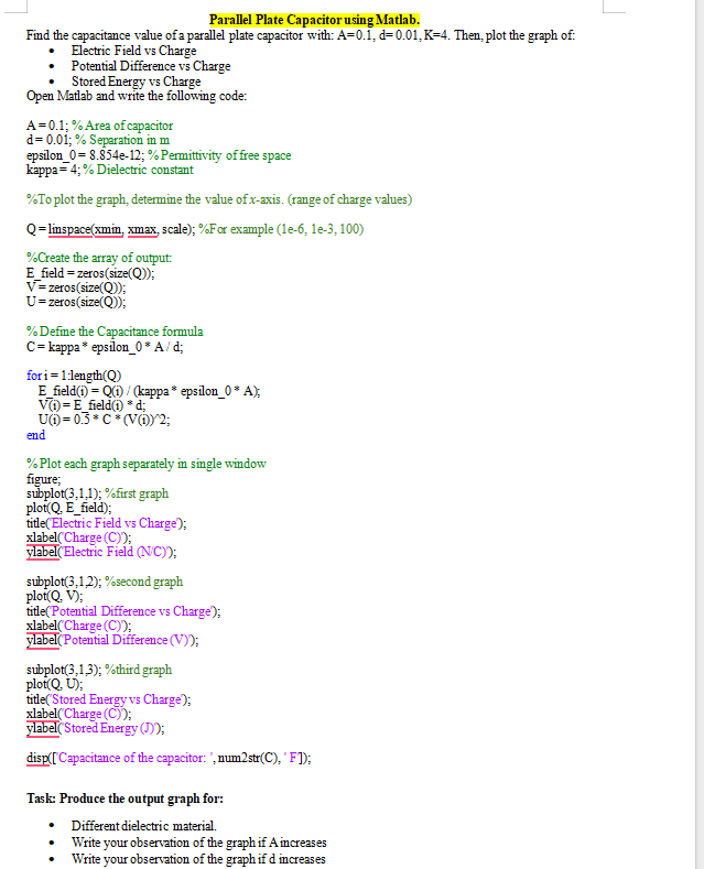 Parallel Plate Capacitor using Matlab.Find the | Chegg.com