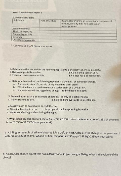 Solved Week 2 Workheet Chapter 3 2. Convert 312 K to F (Show | Chegg.com