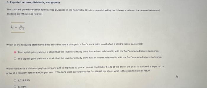 Solved 6. Expected returns, dividends, and growth The | Chegg.com