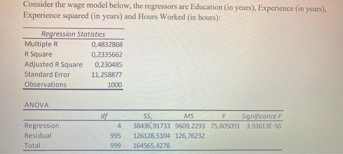 Solved Consider the wage model below, the regressors are | Chegg.com