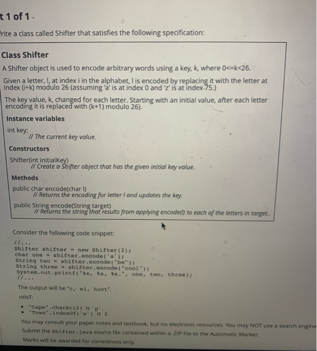 Solved t 1 of 1 irite a class called Shifter that satisfies | Chegg.com