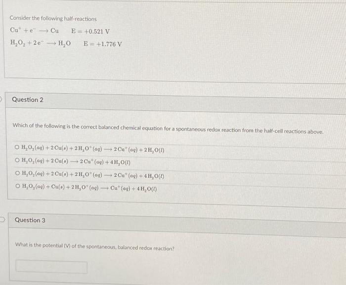Solved Consider the following half-reactions \\[ | Chegg.com