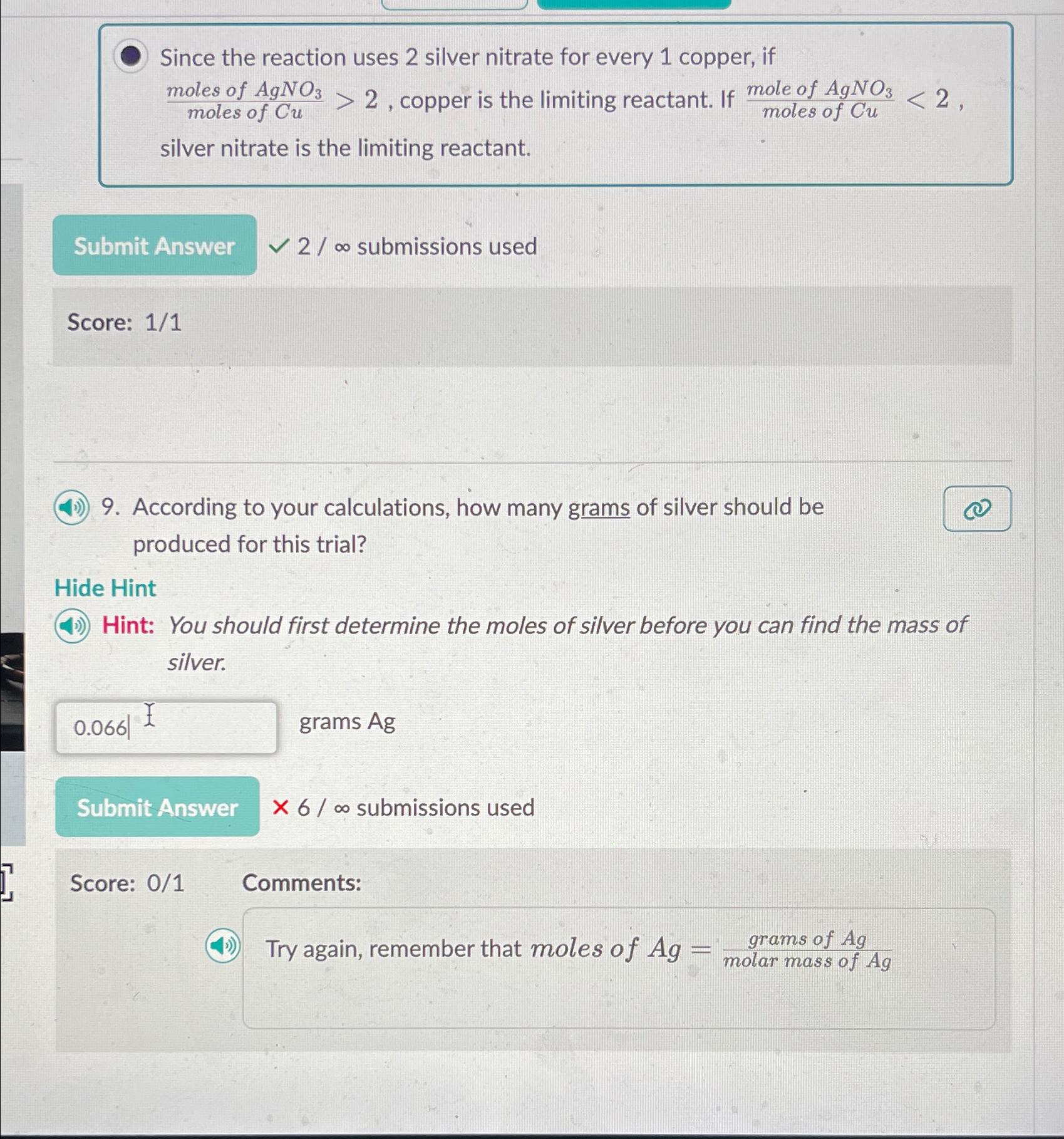 Solved Since the reaction uses 2 ﻿silver nitrate for every 1 | Chegg.com