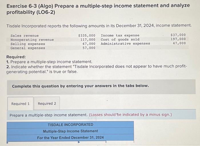 Solved Exercise 6-3 (Algo) Prepare a multiple-step income | Chegg.com