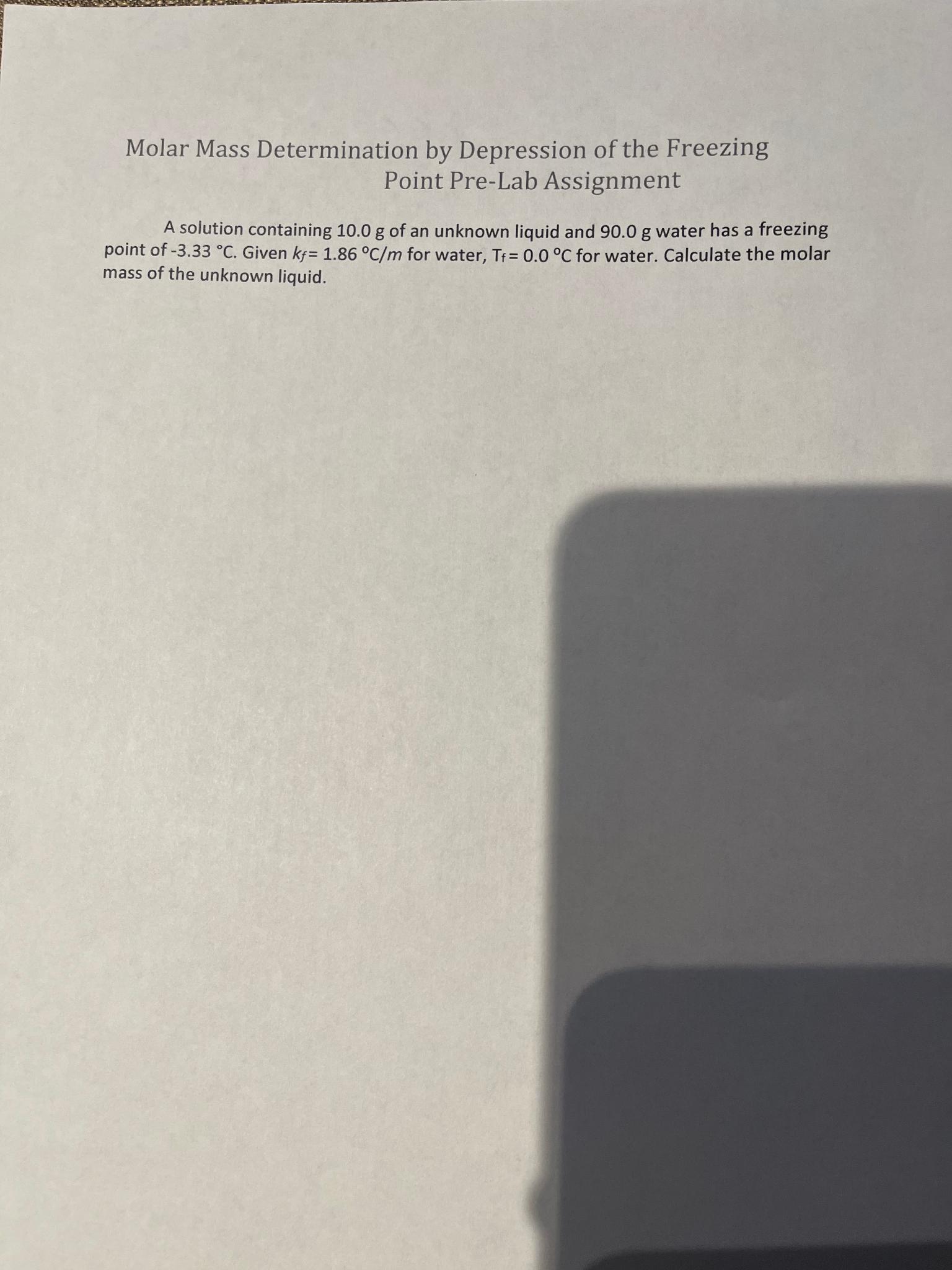 Solved Molar Mass Determination by Depression of the | Chegg.com