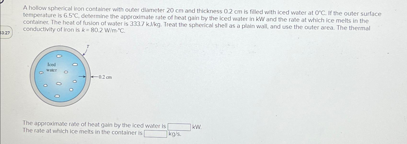 Solved A hollow spherical iron container with outer diameter | Chegg.com