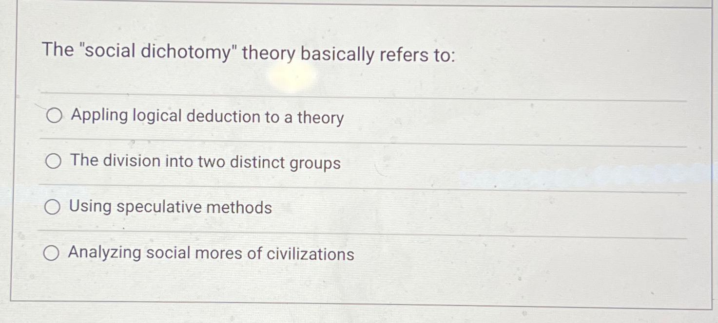 Solved The "social dichotomy" theory basically refers | Chegg.com