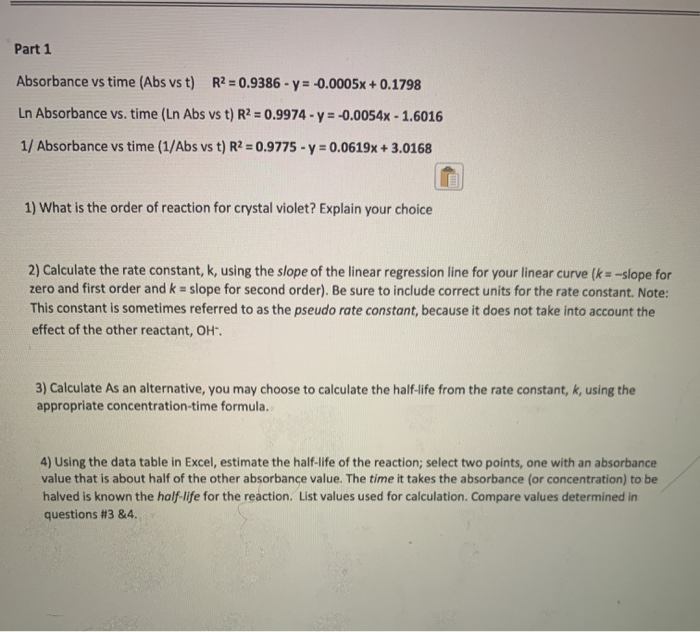 Solved Part 1 Absorbance vs time (Abs vs t) R2 = 0.9386 - y | Chegg.com
