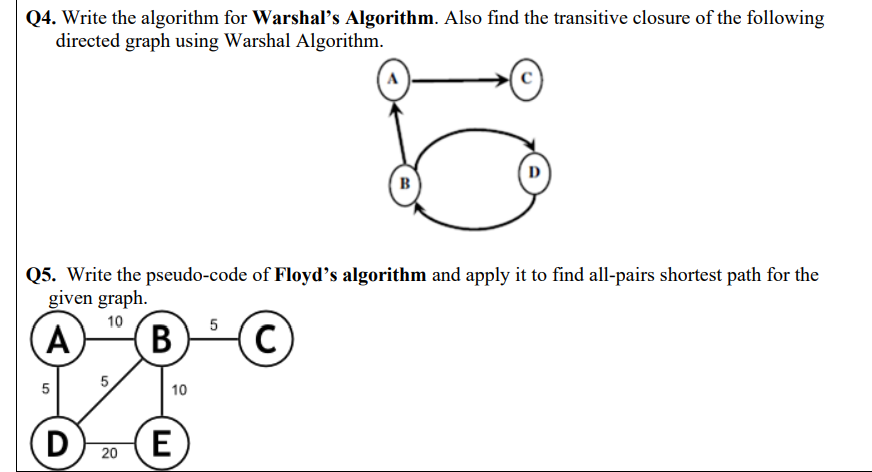 Solved Q4. Write the algorithm for Warshal's Algorithm. Also | Chegg.com