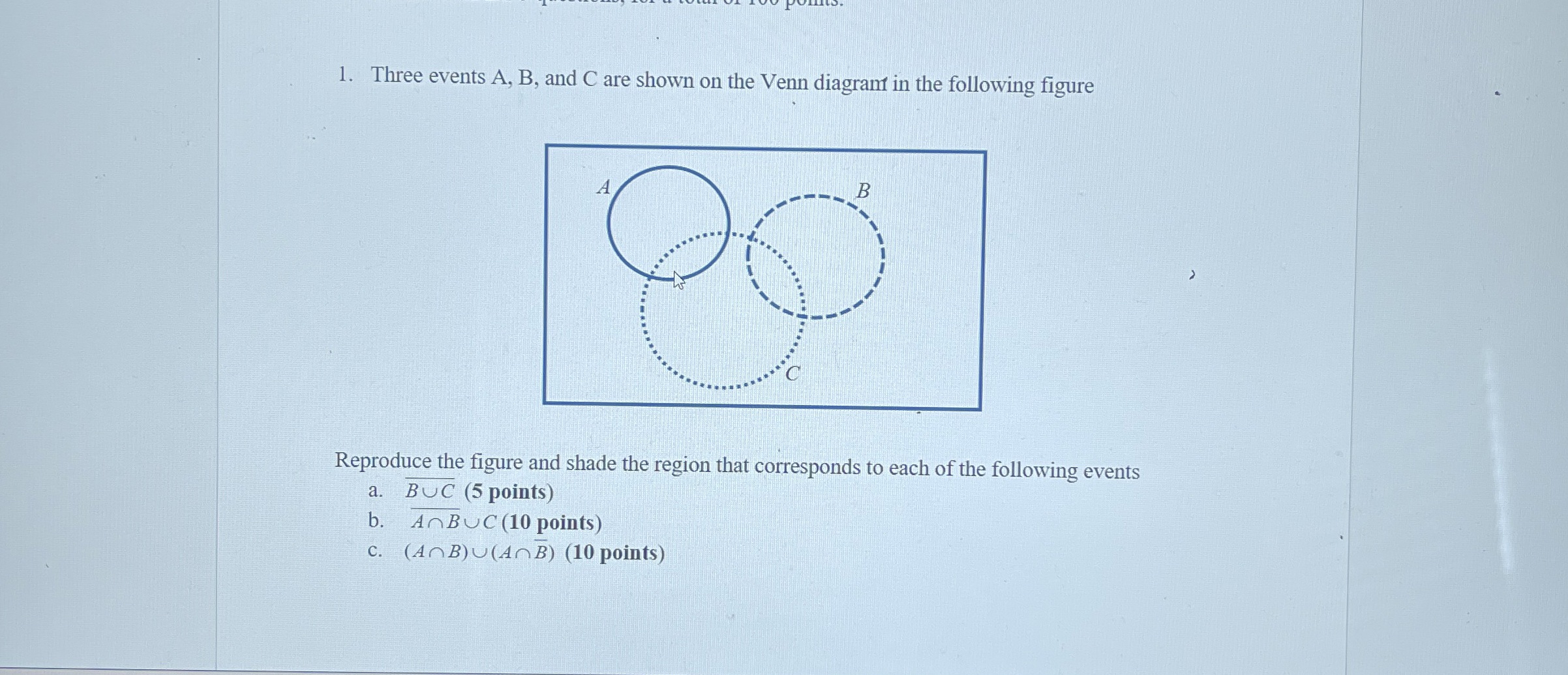 Solved Three events A,B, ﻿and C are shown on the Venn | Chegg.com