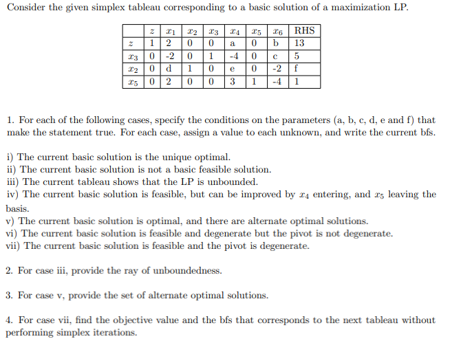 Solved Consider the given simplex tableau corresponding to a | Chegg.com