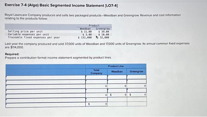 Exercise 7-4 (Algo) Basic Segmented Income Statement | Chegg.com