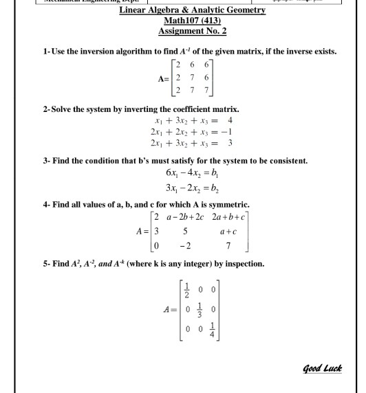 Solved Linear Algebra & Analytic Geometry Math 107 (413) | Chegg.com