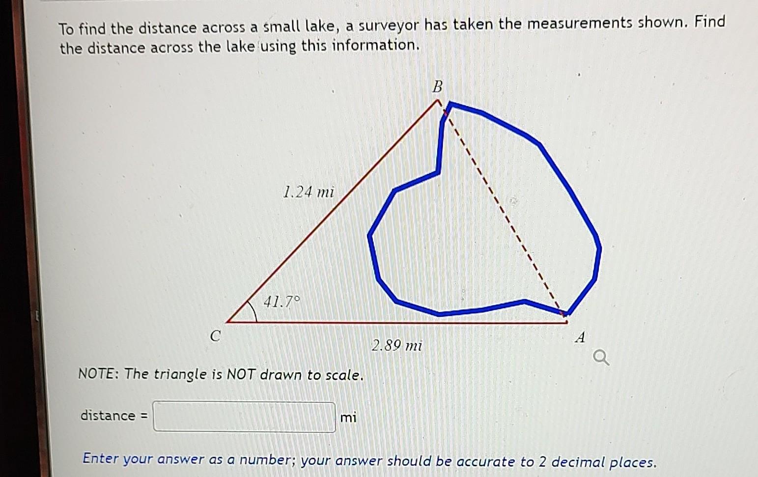Solved To find the distance across a small lake, a surveyor | Chegg.com
