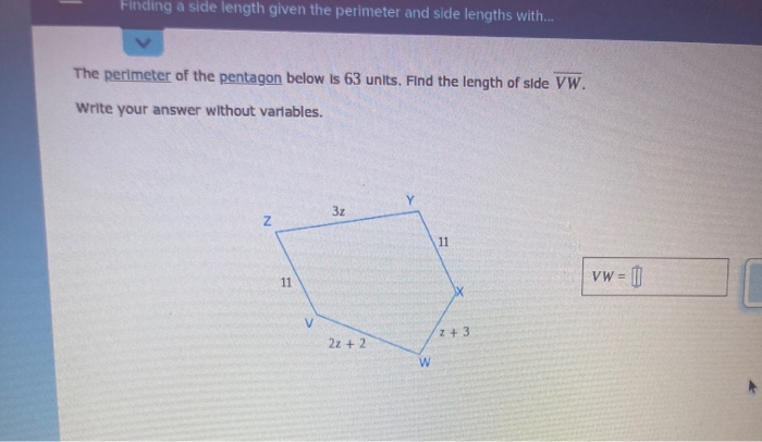 Solved Finding a side length given the perimeter and side | Chegg.com