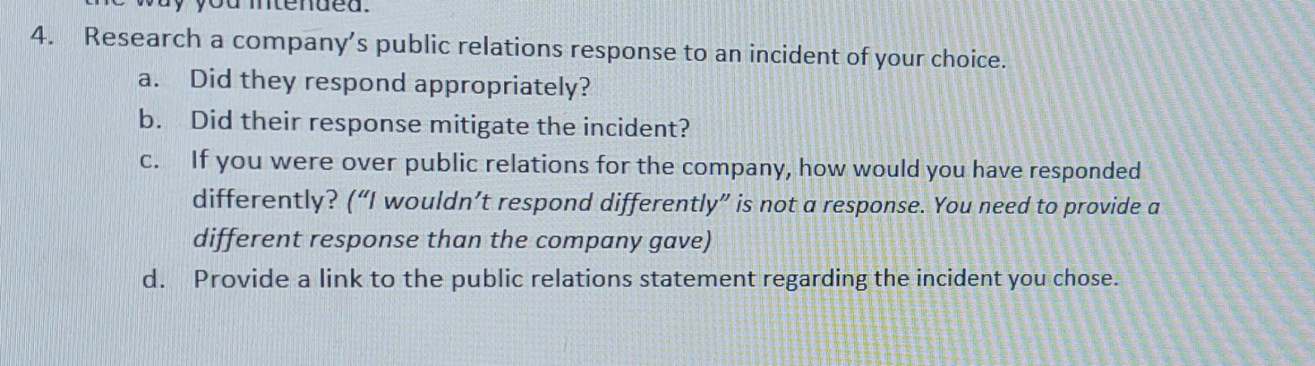 Solved 4. Research a company's public relations response to | Chegg.com