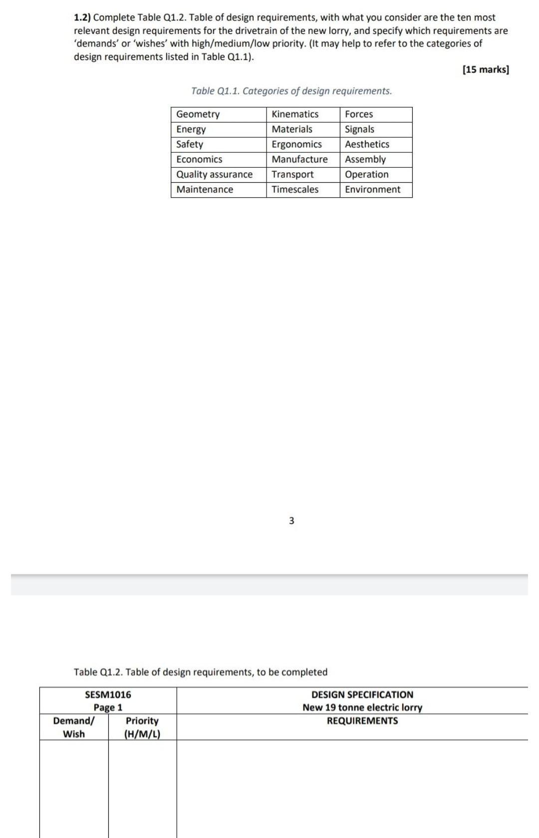 Solved 1.2) Complete Table Q1.2. Table of design | Chegg.com