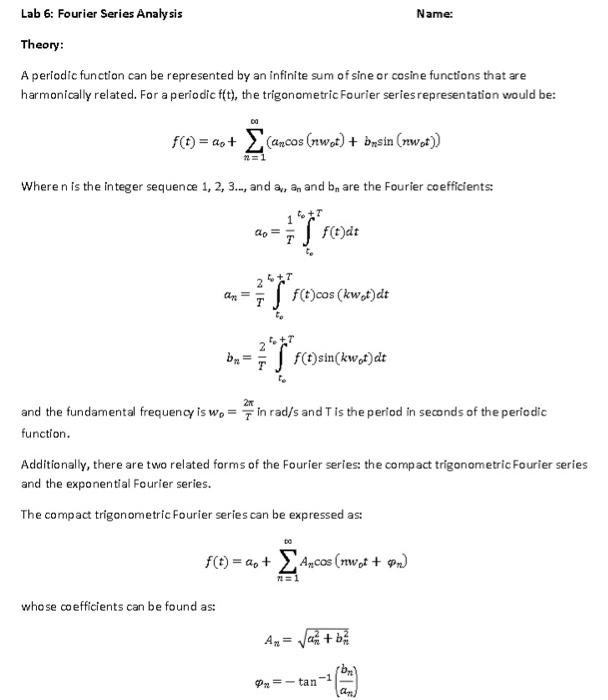 Solved Lab 6: Fourier Series Analysis Name: Theory: A | Chegg.com