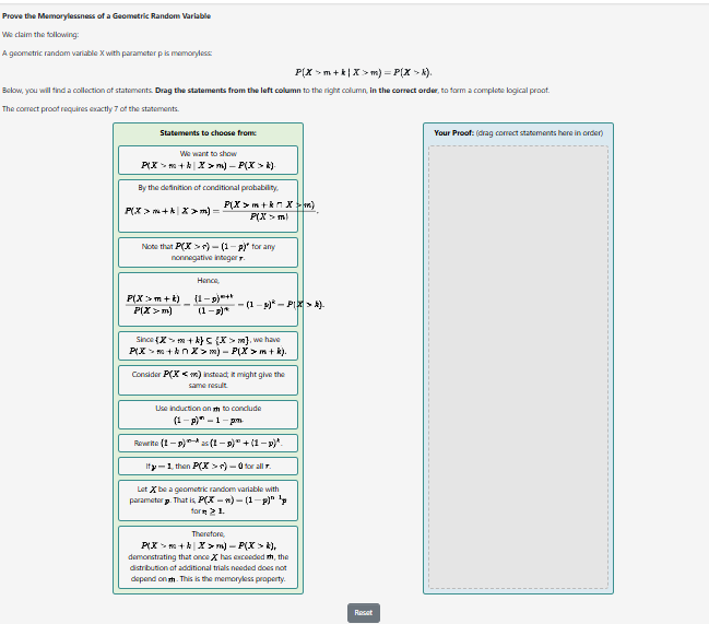 Solved Prowe the Memorylessness of ﻿a Geometric Random | Chegg.com