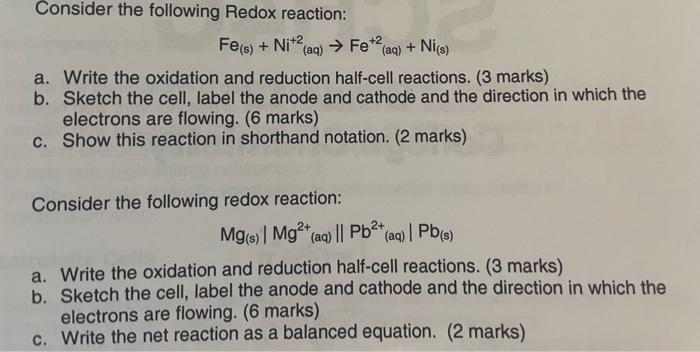 Solved Consider the following Redox reaction: Fe(s)+Ni+2 | Chegg.com