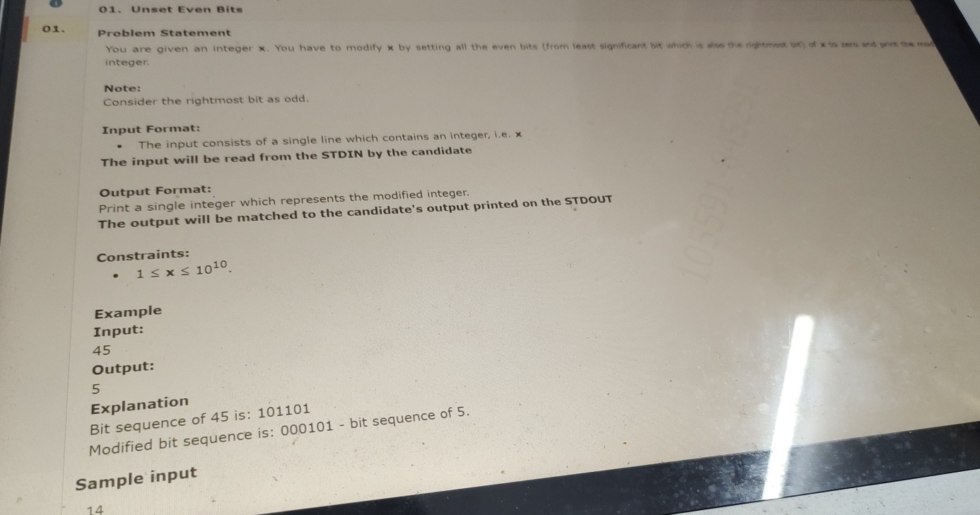 Solved o1. ﻿Unset Even Bitso1.Problem StatementYou are given | Chegg.com