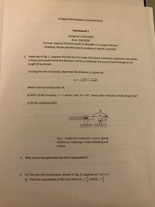 ET488/IT444 Robotics & Automation Homework 1 Assigned | Chegg.com