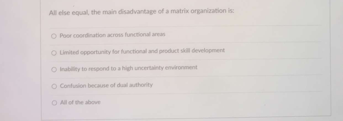 Solved All else equal, the main disadvantage of a matrix | Chegg.com