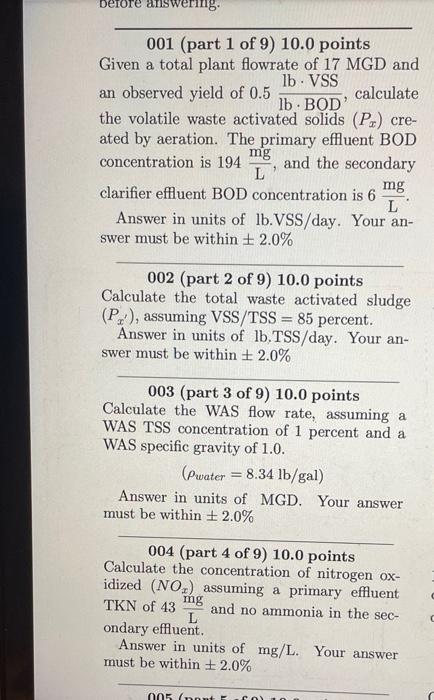 Solved 001 (part 1 of 9 ) 10.0 points Given a total plant | Chegg.com