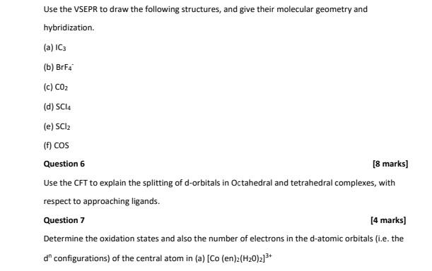 Solved Use the VSEPR to draw the following structures, and | Chegg.com