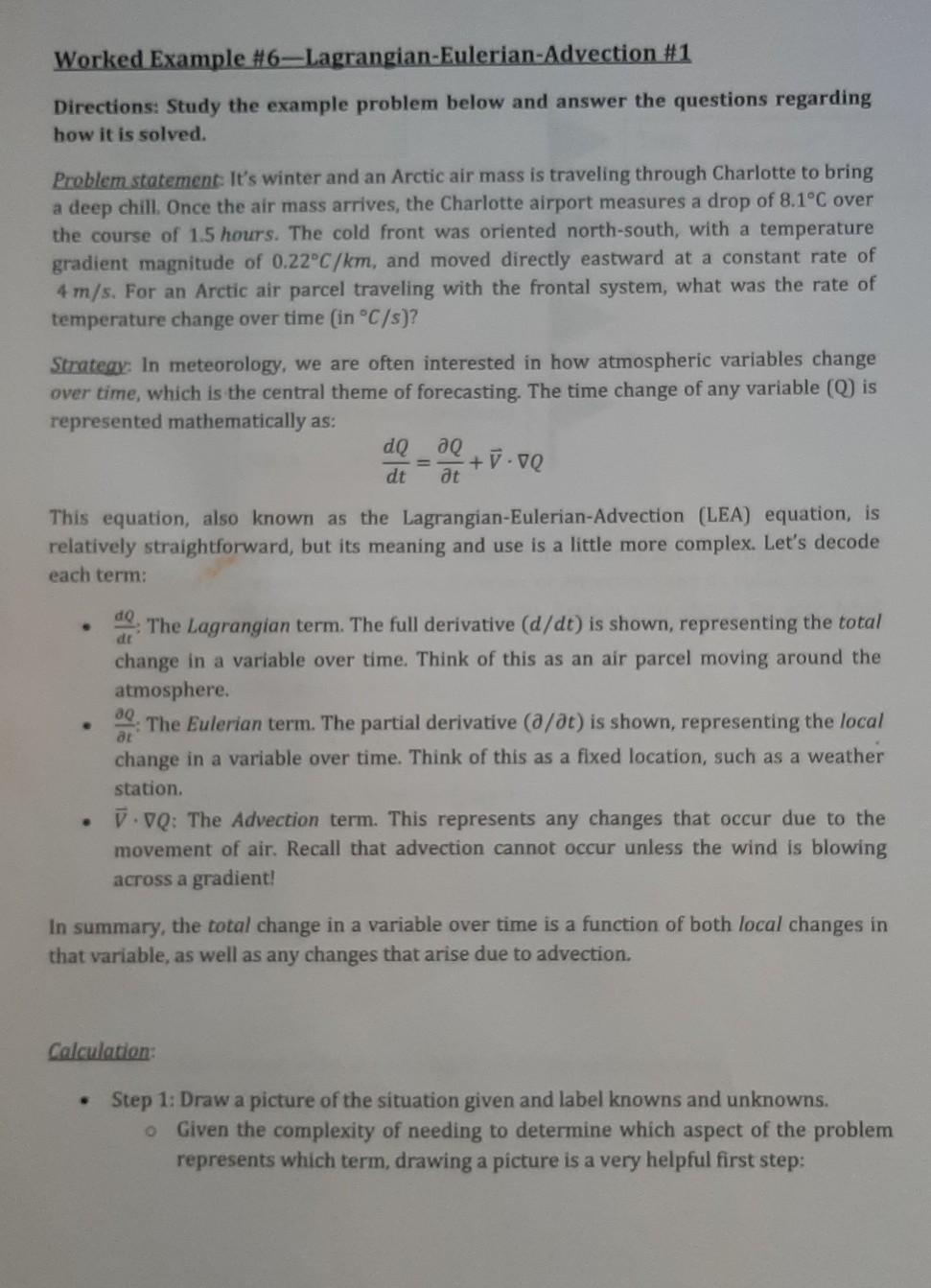 Worked Example #6-Lagrangian-Eulerian-Advection #1 | Chegg.com