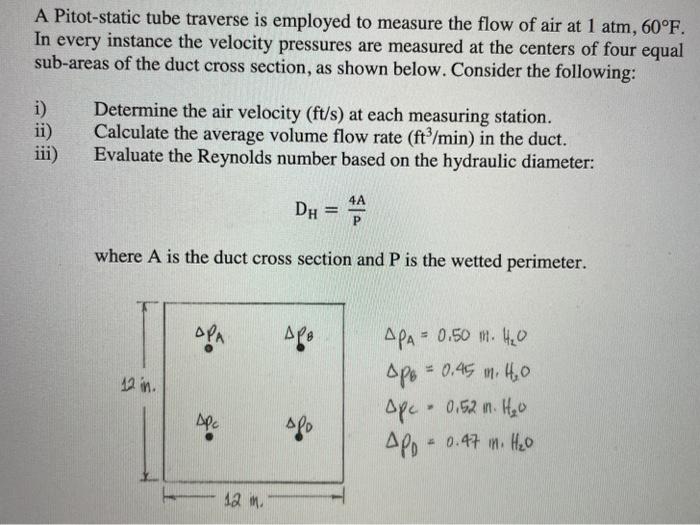 Solved A Pitot-static tube traverse is employed to measure | Chegg.com
