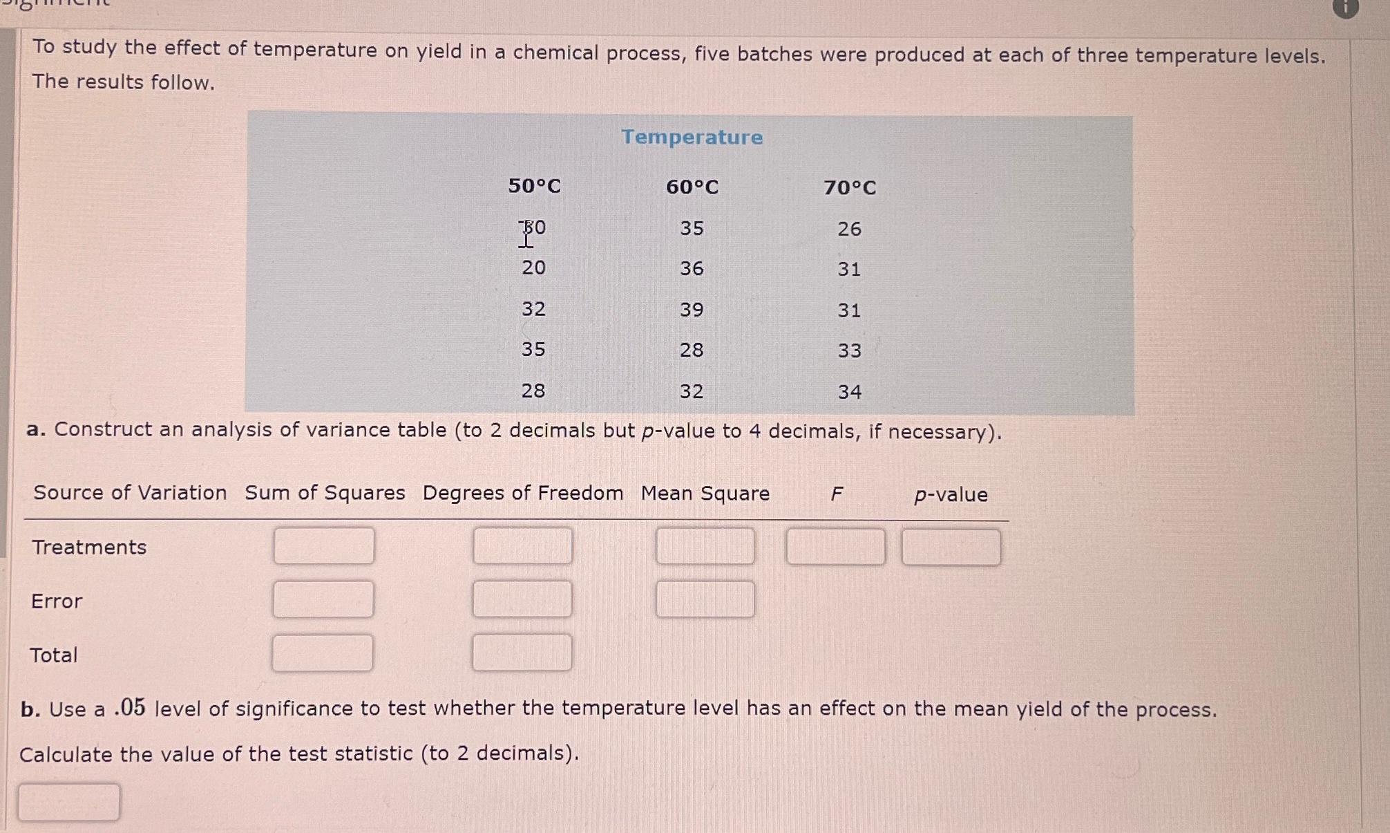 Solved To study the effect of temperature on yield in a | Chegg.com