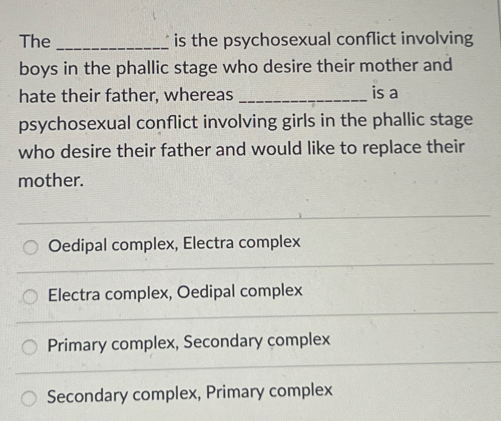 Solved The q, ﻿is the psychosexual conflict involving boys | Chegg.com