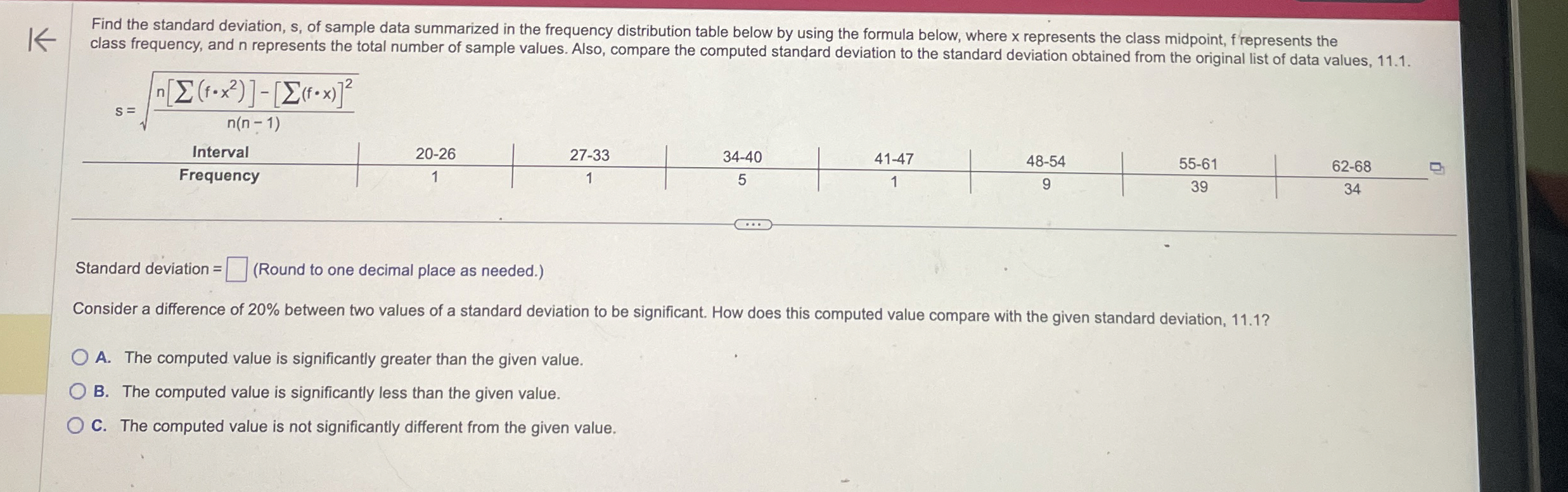 Solved Find the standard deviation, s , ﻿of sample data | Chegg.com