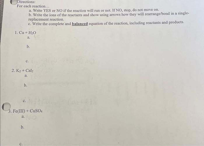 Solved Directions: For each reaction... a. Write YES or NO | Chegg.com