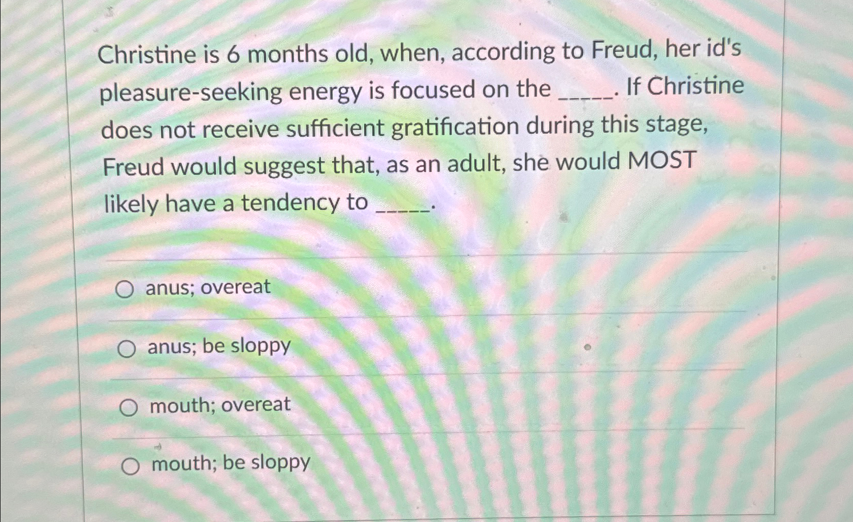 Solved Christine is 6 ﻿months old, when, according to Freud, | Chegg.com