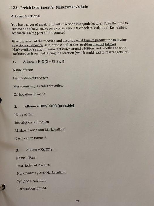 Solved 12AL Prelab Experiment 9: Markovnikov's Rule Alkene | Chegg.com