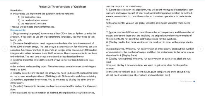 Solved Project 2: Three Versions of Quicksort Description: | Chegg.com