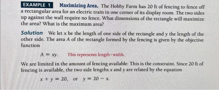 Solved Maximizing Area. The Hobby Farm has 20ft of fencing | Chegg.com