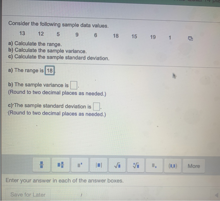Solved Consider the following sample data values. 13 12 5 9 | Chegg.com