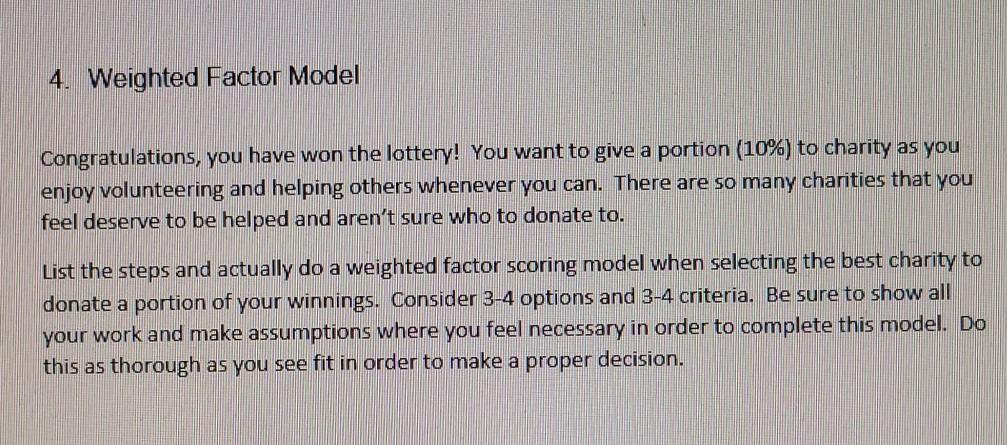 Solved 4. Weighted Factor Model Congratulations, you have | Chegg.com