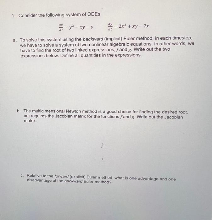 Solved 1. Consider the following system of ODEs | Chegg.com