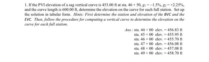 Solved 1. If the PVI elevation of a sag vertical curve is | Chegg.com